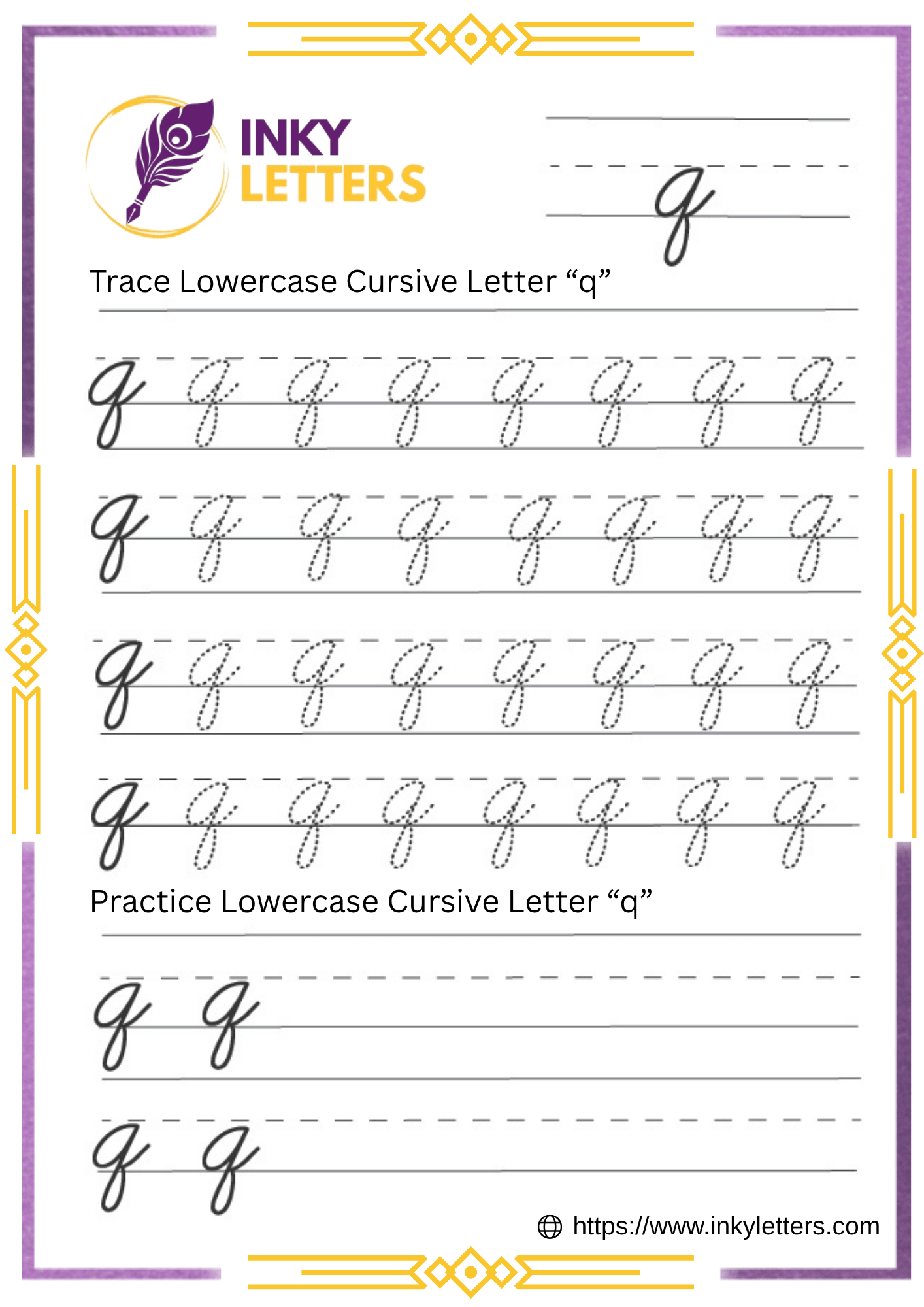 Cursive Q - Worksheets and Tutorial (Uppercase + Lowercase)